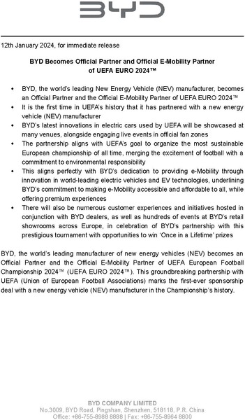 BYD Becomes Official Partner and Official E-Mobility Partner of UEFA ...