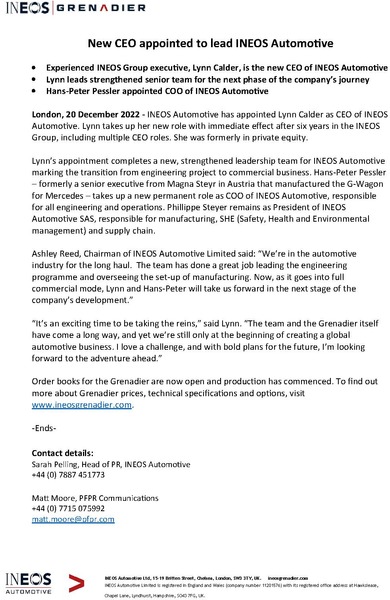 NEW CEO APPOINTED TO LEAD INEOS AUTOMOTIVE - INEOS Automotive Media